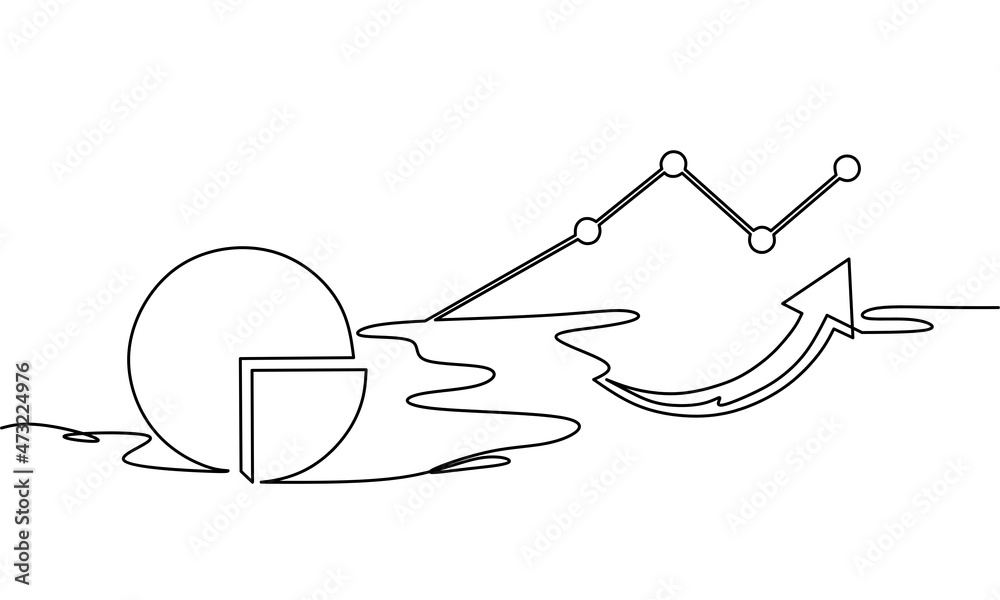 Continuous line drawing of arrow, pie chart and growth graph. Seamless ...