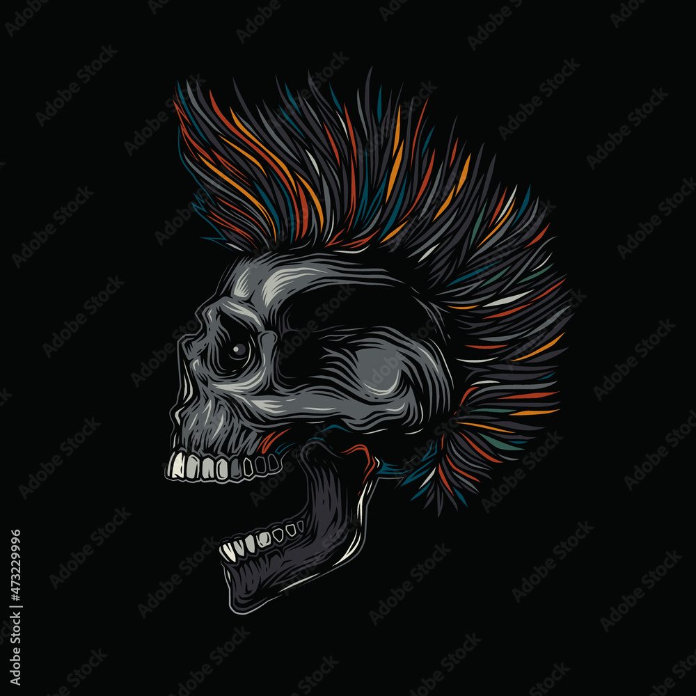 Original vector illustration in vintage style. Punk rocker skull with ...