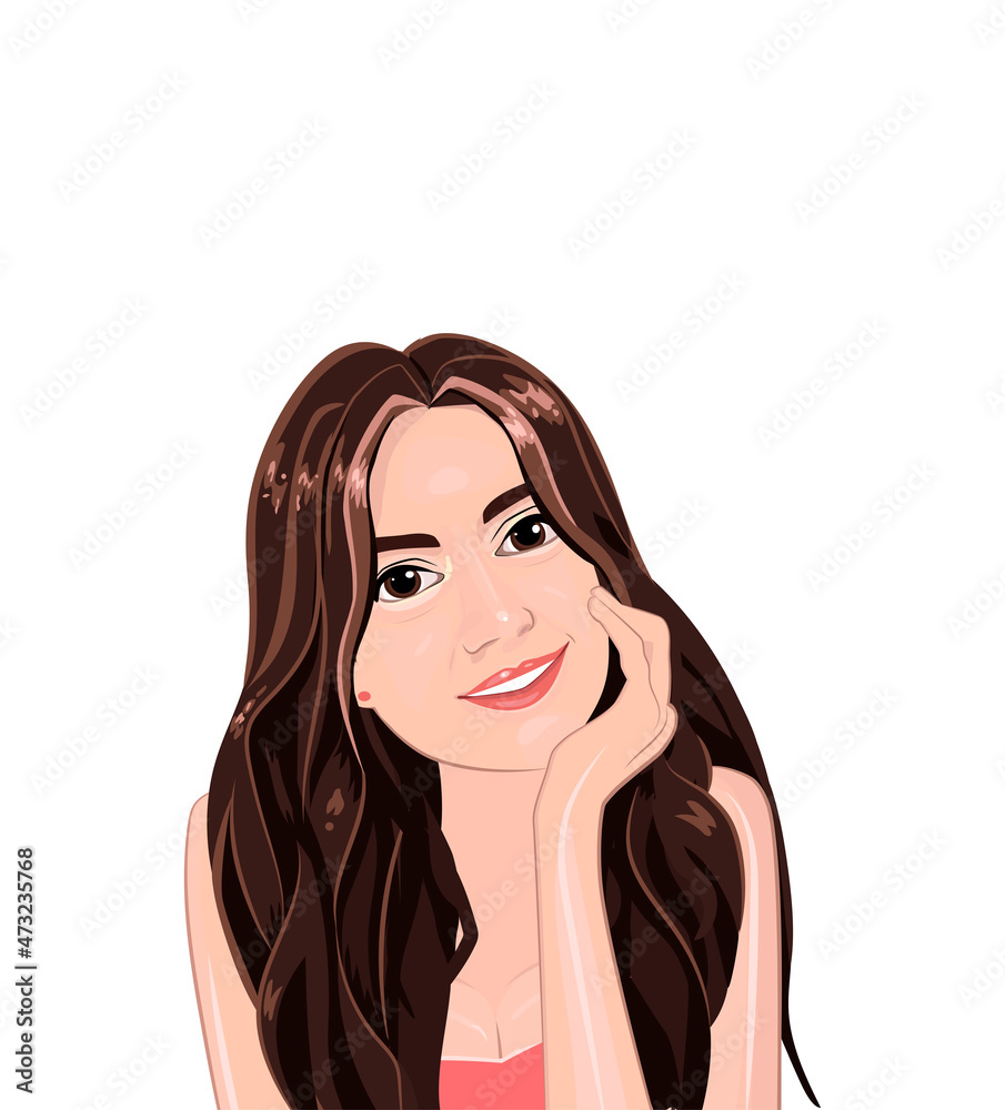 girl resting her chin on her hand vector. vector young woman portrait ...