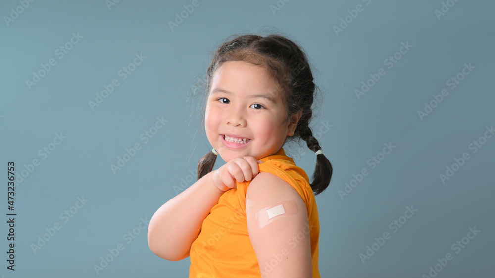 Coronavirus Vaccination Advertisement. Happy Vaccinated Little asian ...