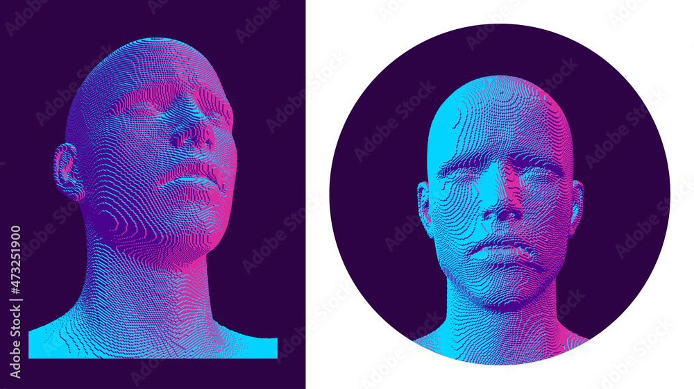 Abstract digital human head constructing from cubes. Minimalistic ...