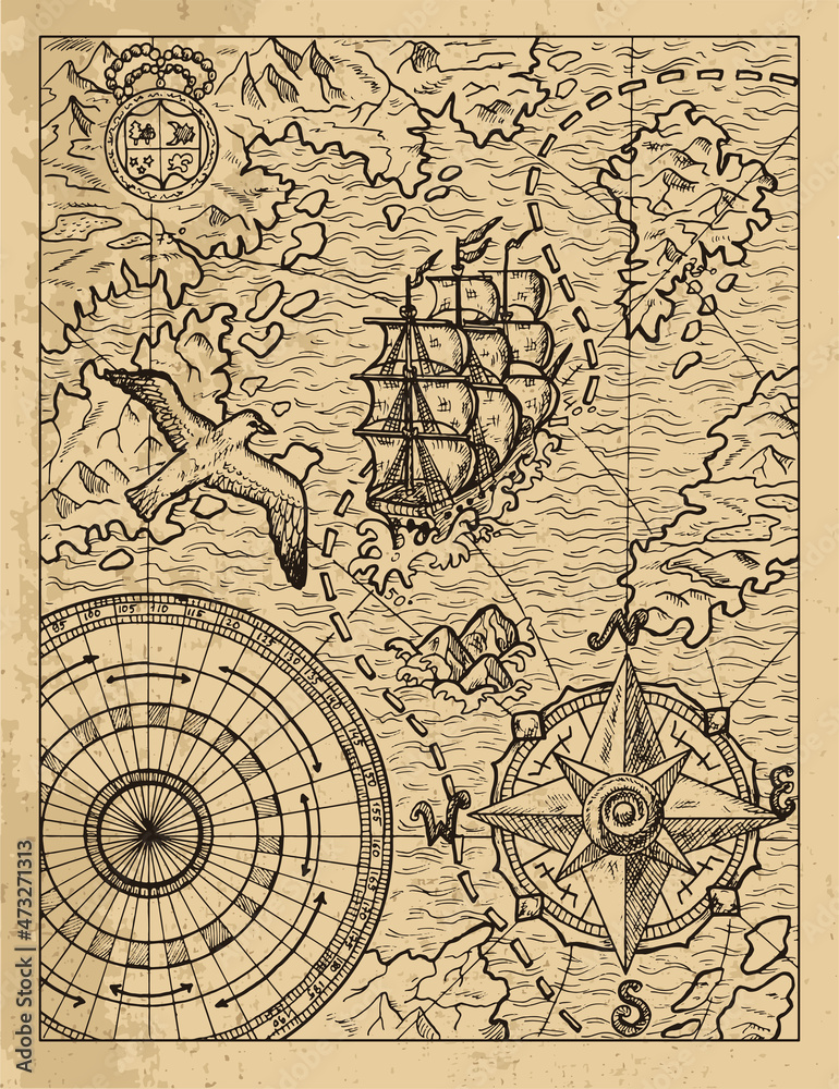 Old textured illustration of old map with sailboat, gull, unknown lands ...