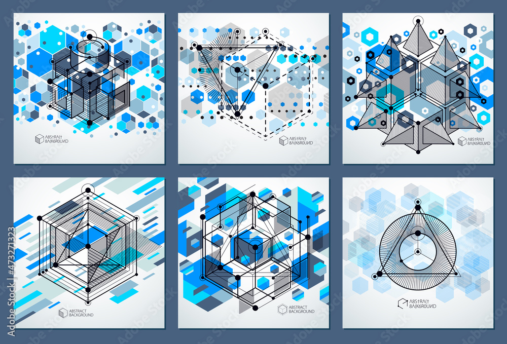 Geometric technology vector blue drawings set, 3D technical wallpaper ...