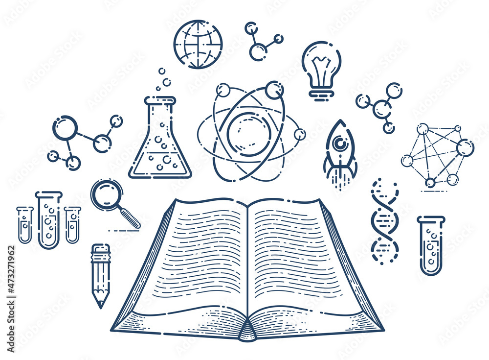 Scientific literature concept vector linear icon,, open book with ...