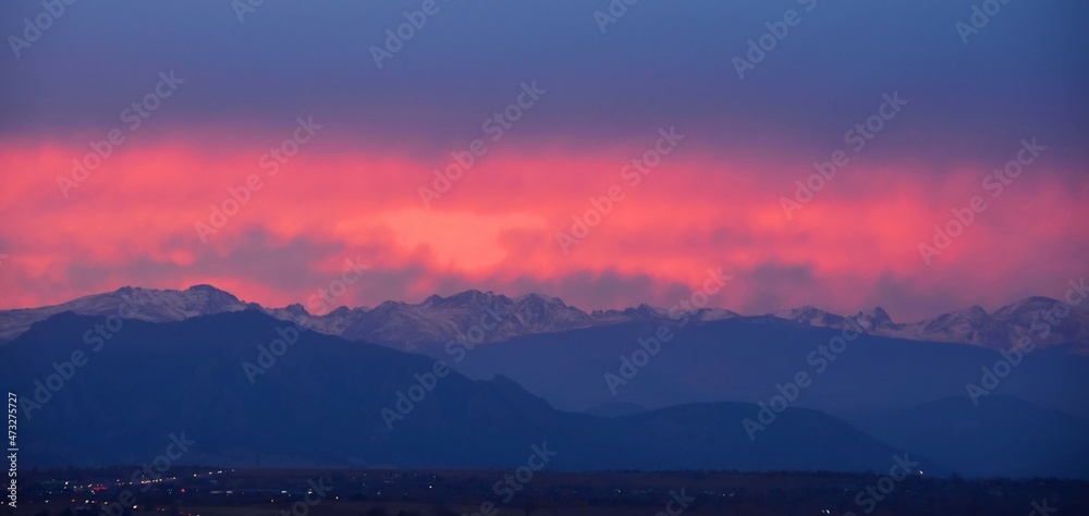 colorful pink sunset over the front range of the colorado rocky ...