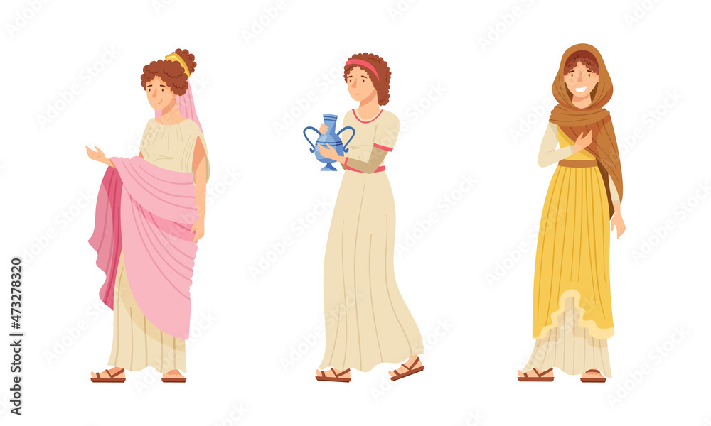 Ancient roman people set. Women in traditional clothes cartoon vector ...
