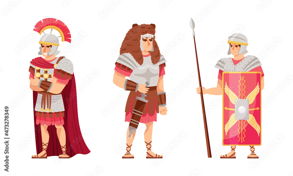Ancient roman warriors set. Soldiers in armour cartoon vector ...