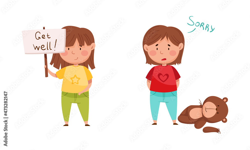 Cute upset little girls saying sorry set. Good manners of kids cartoon ...