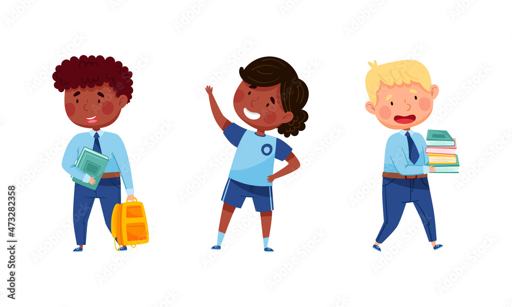Cute elementary school students in uniform set cartoon vector ...