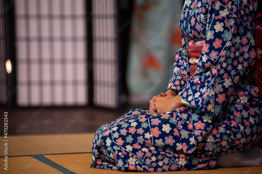 Woman in traditional kimono in kneeling position. Seiza is the formal ...