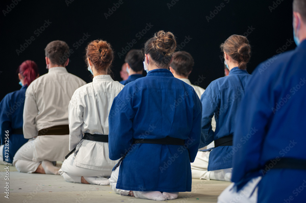 Athletes of Karate (black belt) kneeling in Seiza position, from behind ...