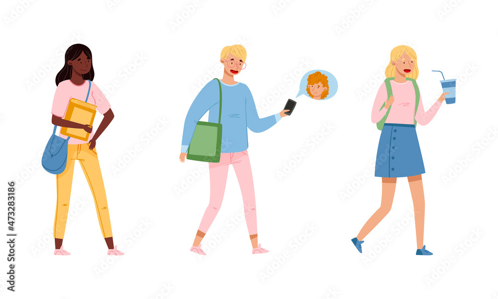 College students performing various activities set. Teenagers ...