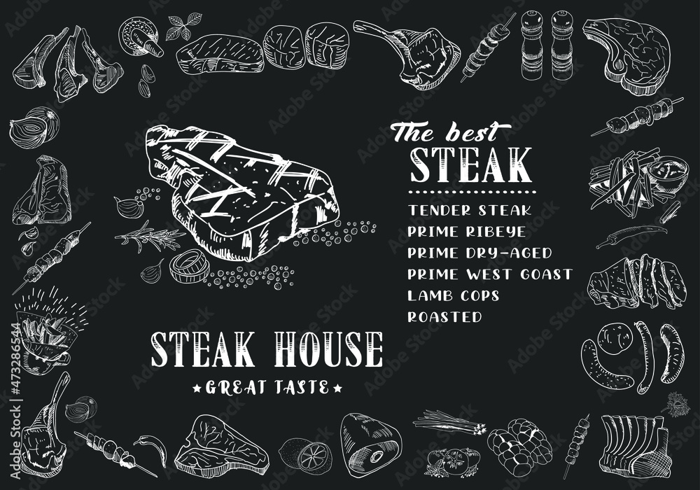 Butcher shop blackboard Cut of Beef Meat. Butchery Cow Food Chalk Board ...