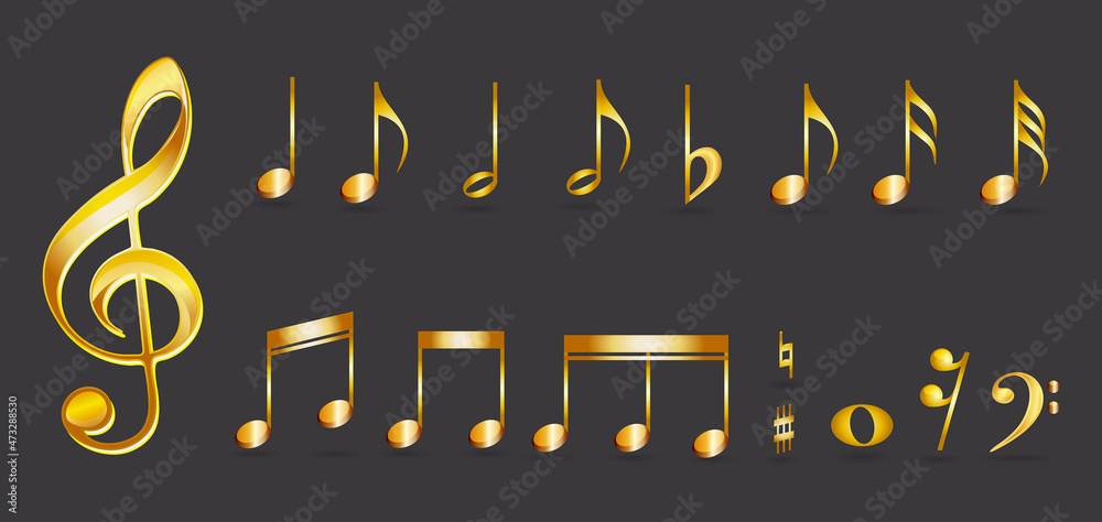set of golden musical annotations or realistic gold musical notes ...