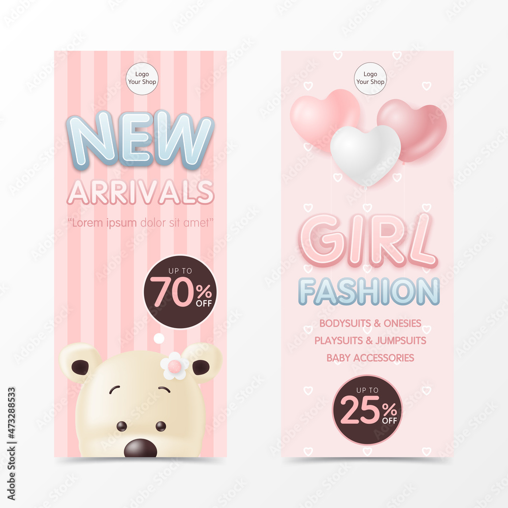 Cute baby girl roll up banner stand design template with TEDDY bear and ...