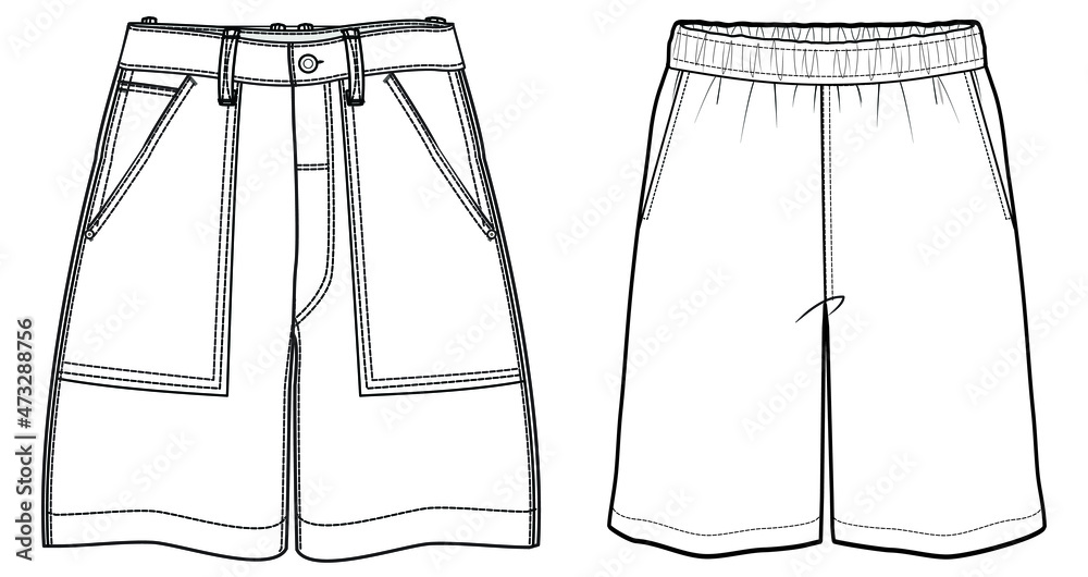 Shorts fashion flat drawing. CAD mockup. Stock Vector | Adobe Stock
