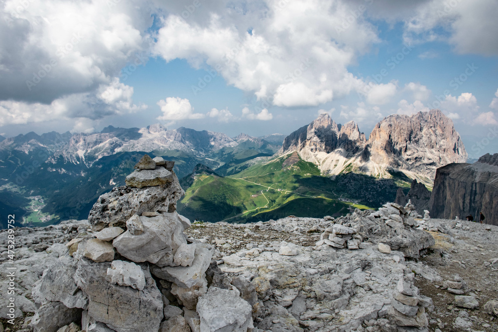Dolomites, August, 2017, stone pyramids of desires at the top of Passo ...
