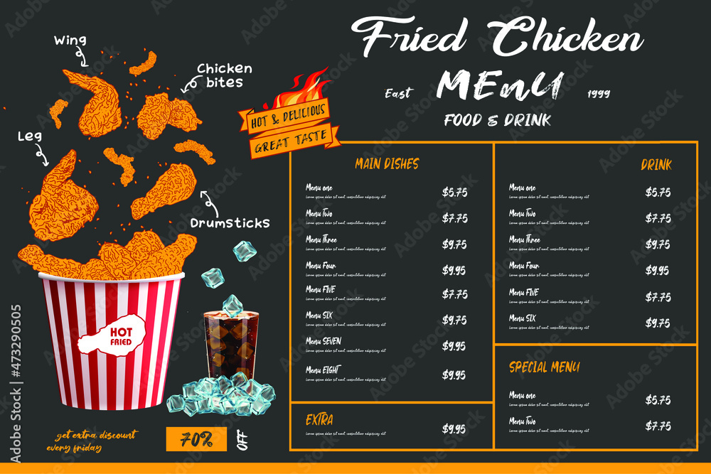 Fried chicken meat. Fast food menu design elements. Restaurant cafe ...