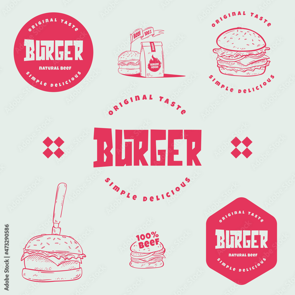 Retro Burger labels. Hand drawn Burger vector illustration. Stock ...