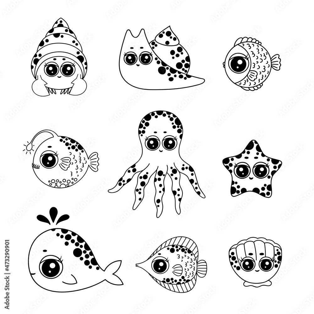 Ocean animal life set. Monochrome sea animals collection. Marine theme ...
