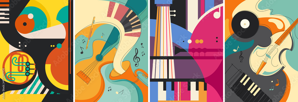 Set of classical music posters. Placard designs in different styles ...
