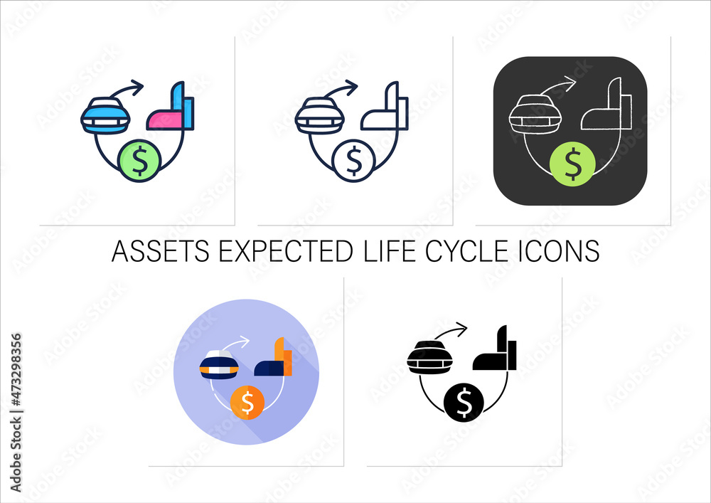 Assets expected life cycle icons set. Stages series assets management ...