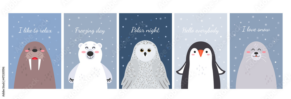 Set of cute arctic animals in cartoon style. snowy owl, penguin, walrus ...