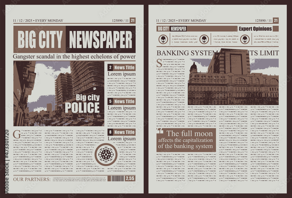 Vector newspaper layout with headlines, illustrations and unreadable ...