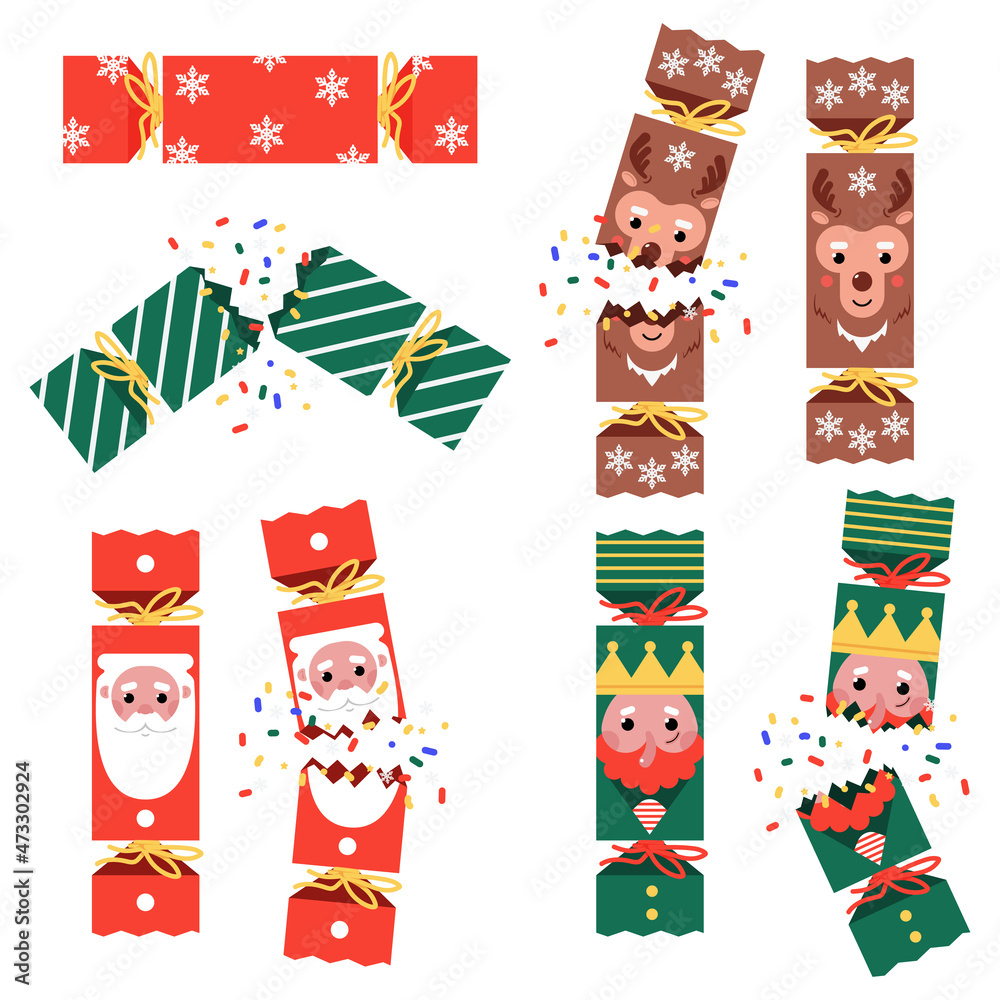 Christmas cracker vector cartoon set isolated on a white background ...