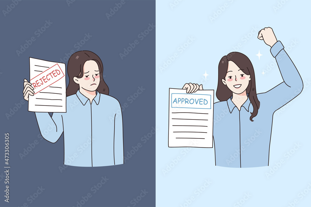Rejection and approval in work concept. Young women workers standing ...