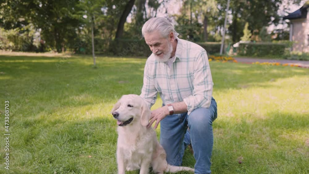 Senior caucasian man spending time at the grass in summer park, while ...