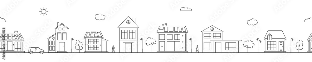 Seamless web banner with Neighborhood line art vector illustration ...