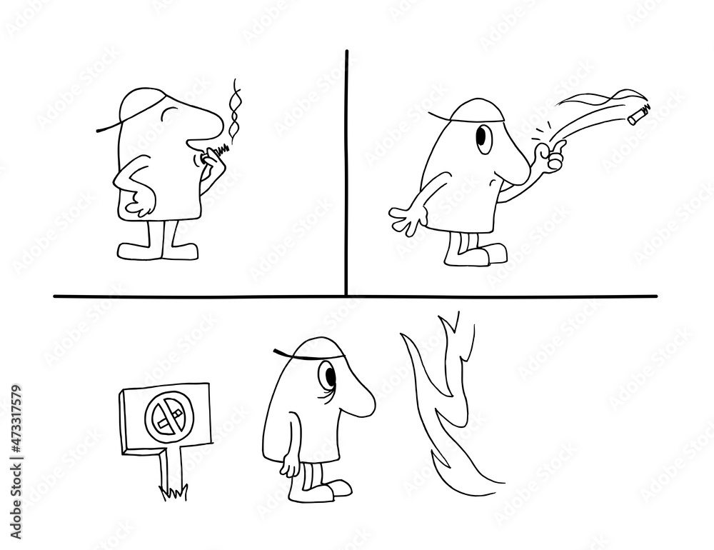 Cute smoker man character sequence starting a fire after throwing a ...