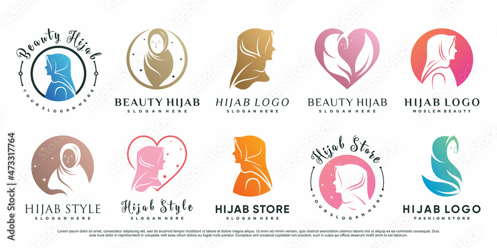 Set of muslim woman logo design wearing hijab Premium Vector Stock ...