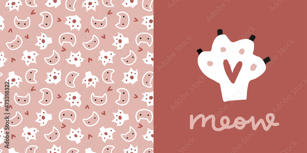 Cute cat paw, meow sign on terracotta background and coordinating pink ...
