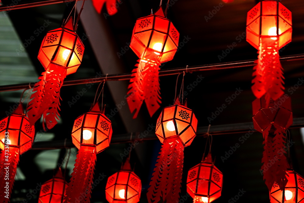 Beautiful Lana lanterns Illuminated lights hanging on the structure ...