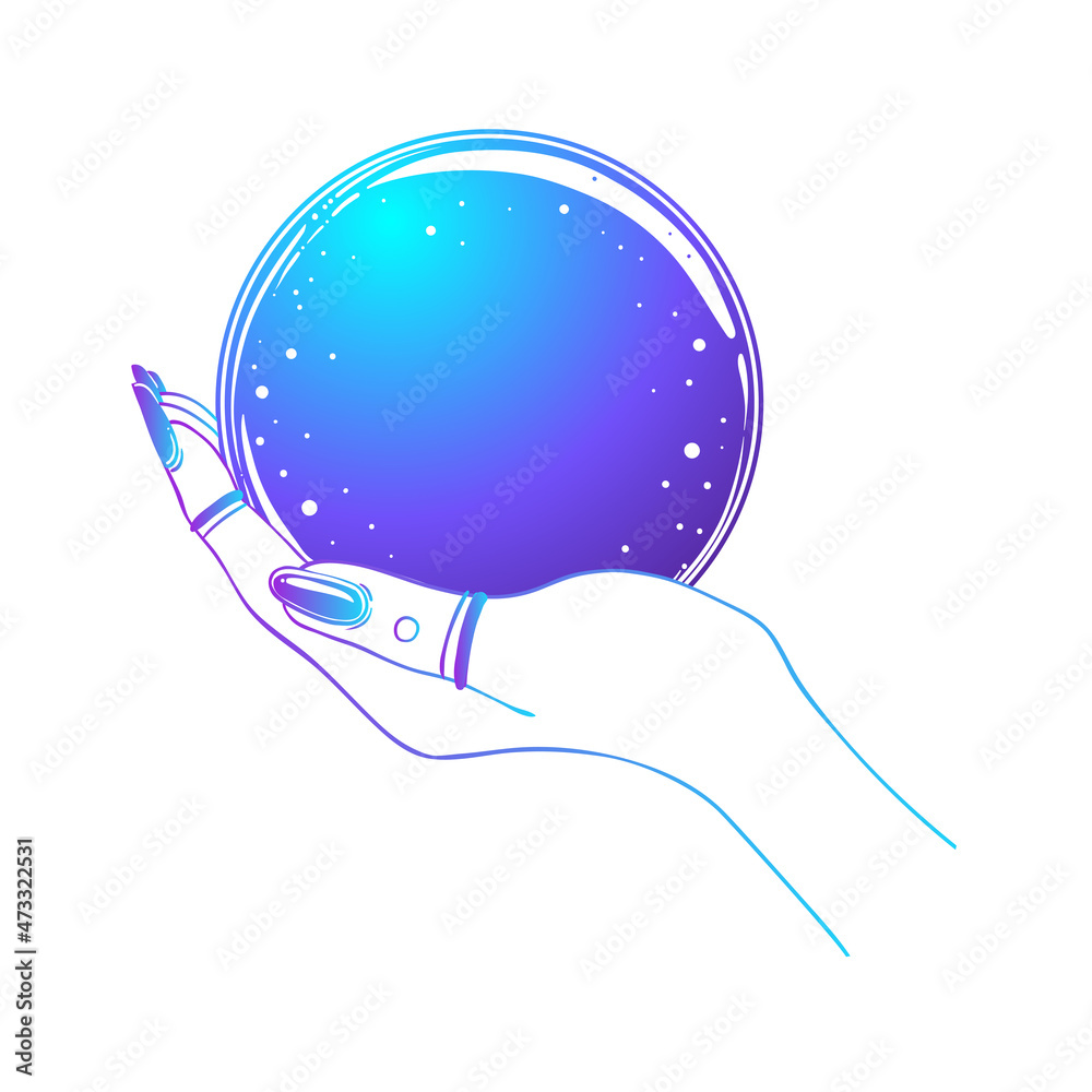 Female hand holding Magic Crystal Ball isolated on white. Creepy cute ...