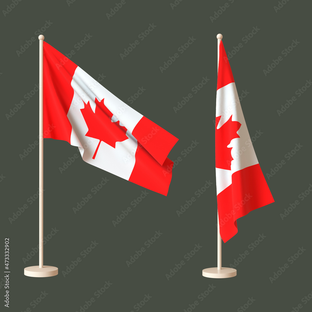 Flags of the Canada waving on a flagpole and twisted on a neutral ...