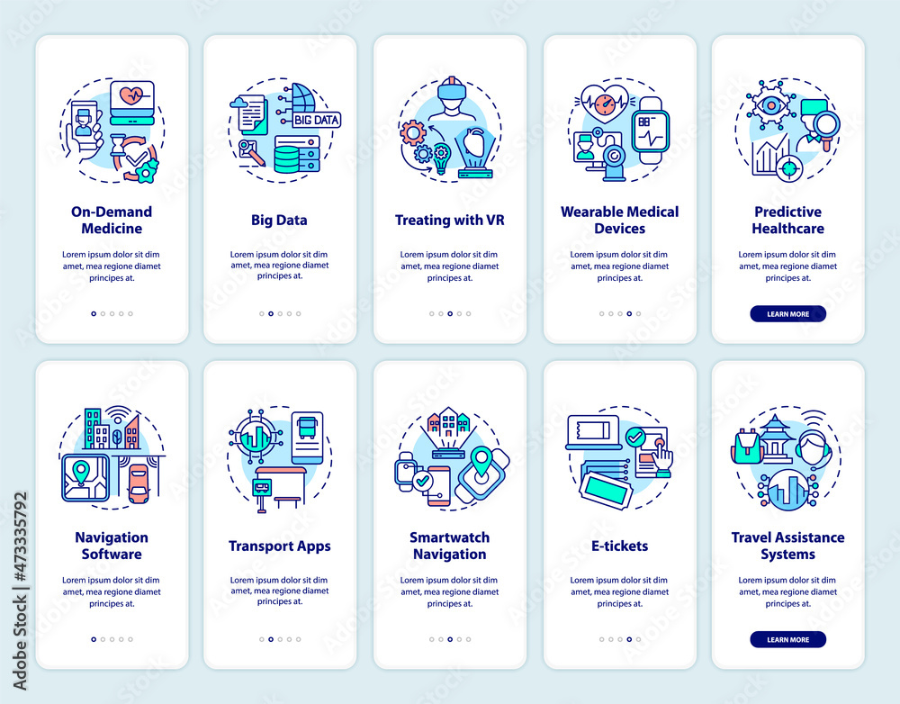 Digitalization of public services onboarding mobile app page screen set ...