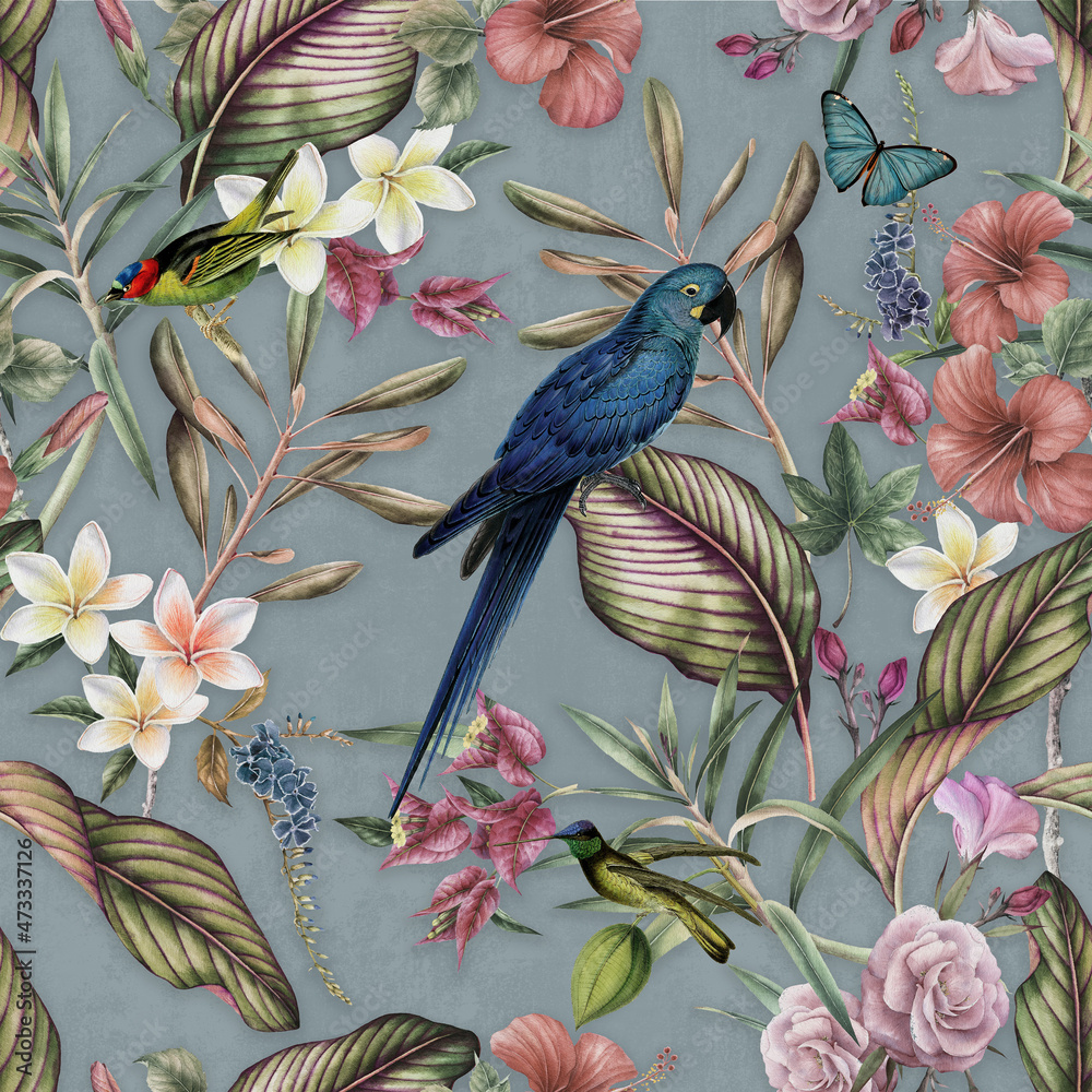 wallpaper vintage jungle pattern with parrot birds and sparrows and ...