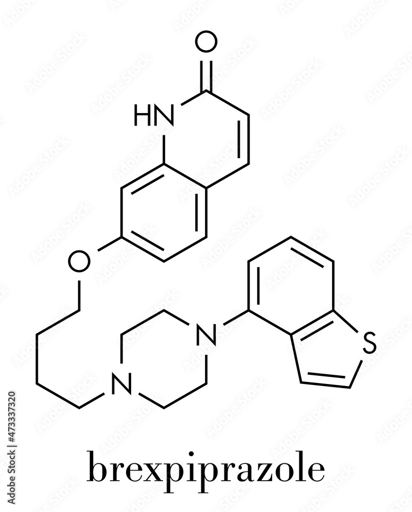 Brexpiprazole antipsychotic drug molecule. Skeletal formula. Stock ...