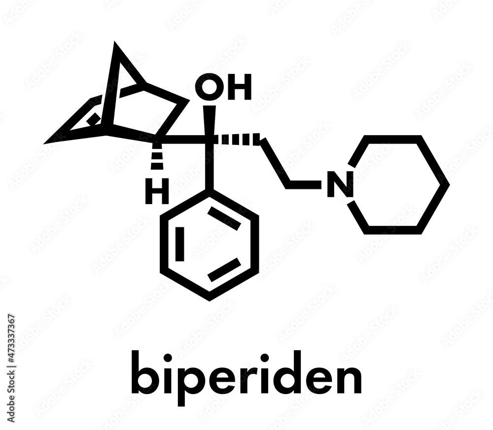 Biperiden Parkinson's disease drug molecule. Skeletal formula. Stock ...