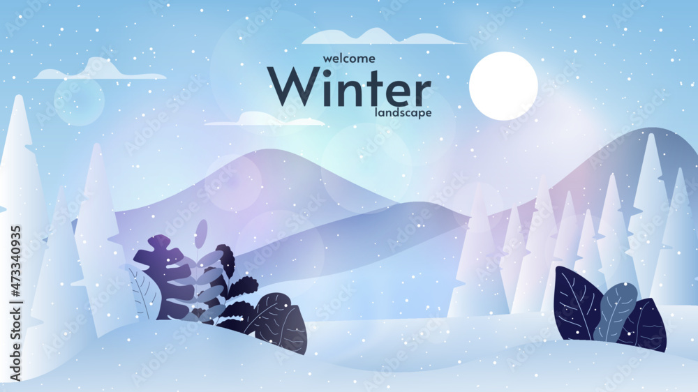 Winter cartoon style landscape. Vector illustration, flat style. Blue ...