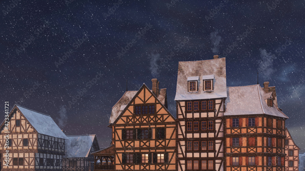 Dreamlike wintry scene in cozy old medieval town with half-timbered ...