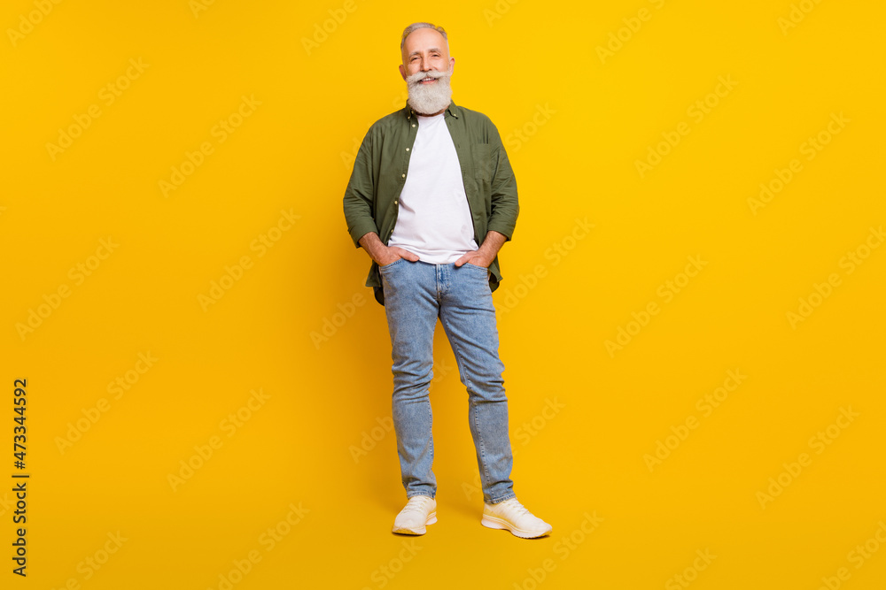 Full length body size photo of senior man smiling cheerful wearing ...