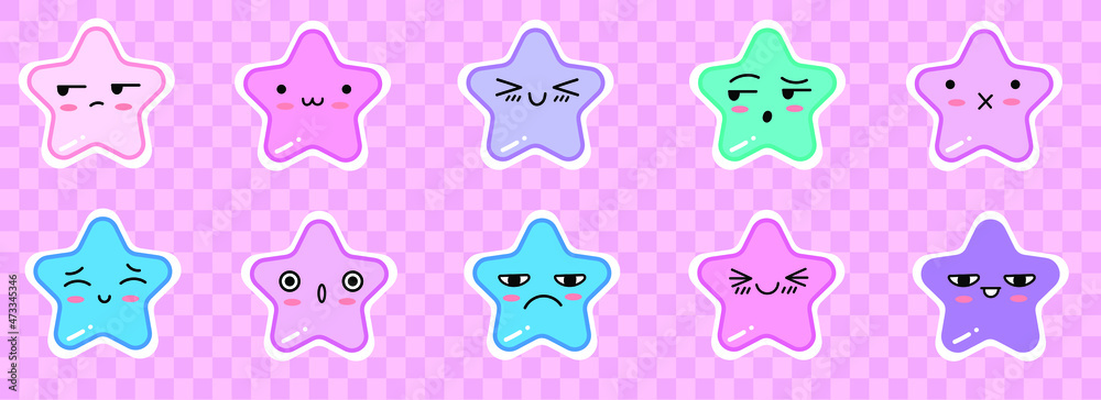 Set of Kawaii Stars, colorful cute design in different kawaii ...