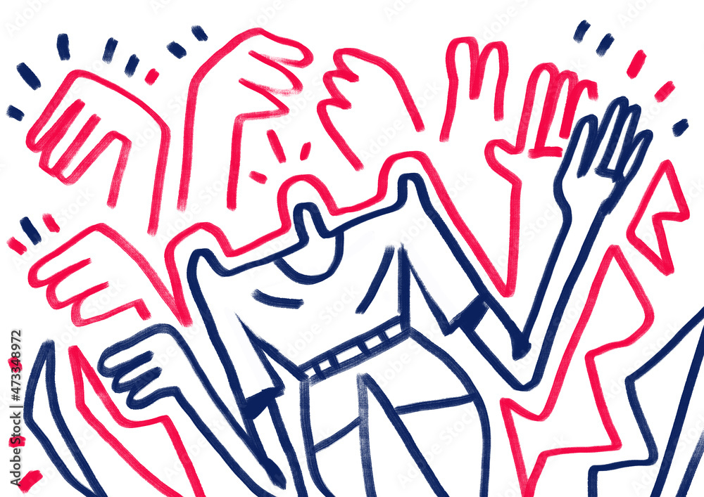 Curious minimal people dancing and make fun, arm and hands, art with ...