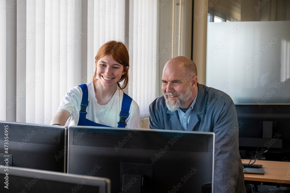 Smiling female apprentice discussing with male instructor over computer ...