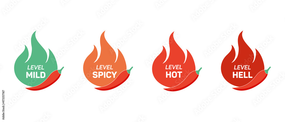 Vetor de Spicy chili pepper hot fire flame icons. Vector spicy food ...