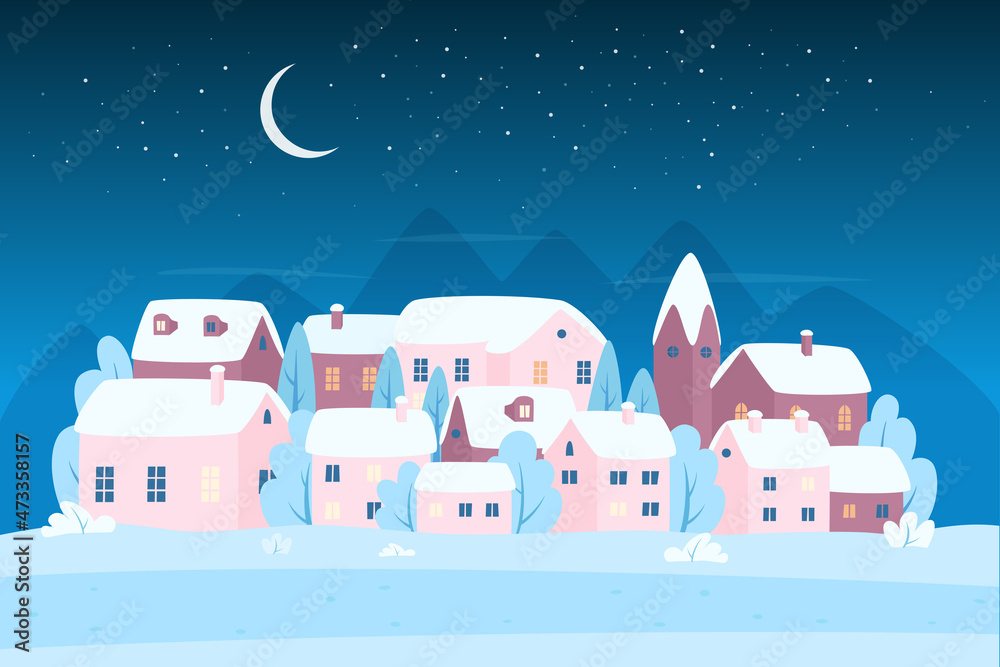 Winter city at Christmas night vector illustration. Cartoon cute urban ...